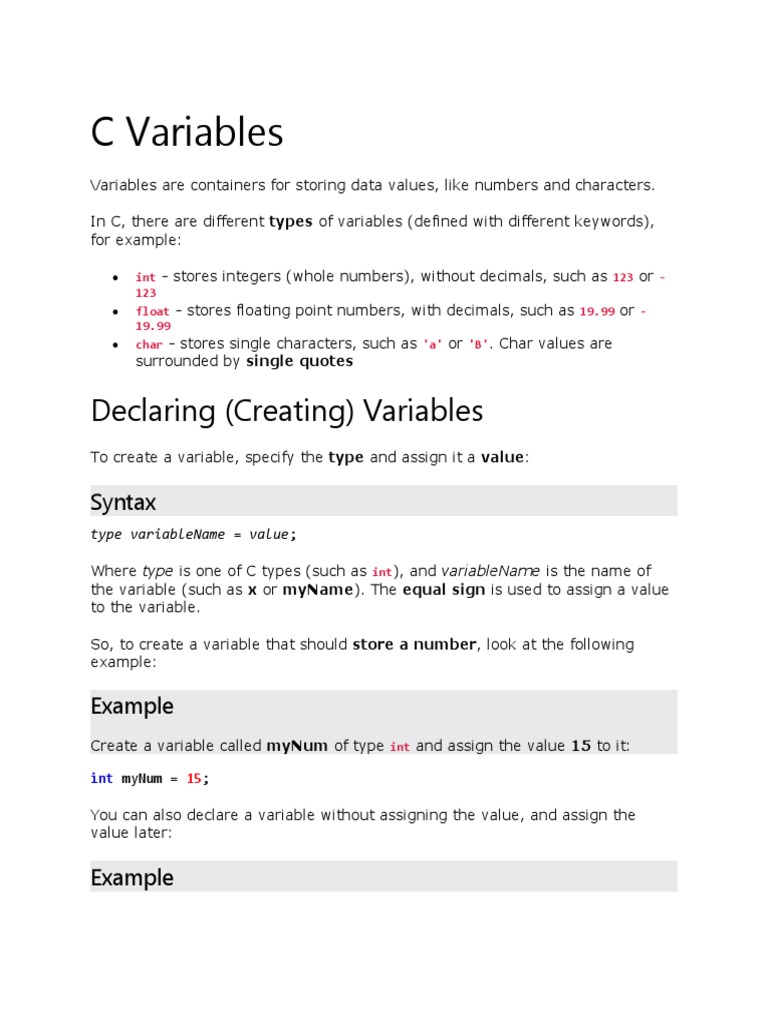 C Variables Guide Understand Data Types Declare Variables Assign