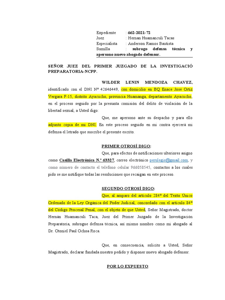 Solicitud De Subrogación De Defensa Técnica Y Nombramiento De Nuevo