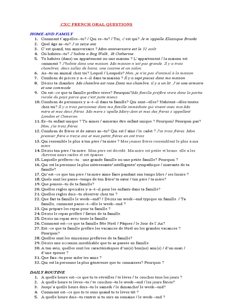 CXC French Oral Questions | PDF