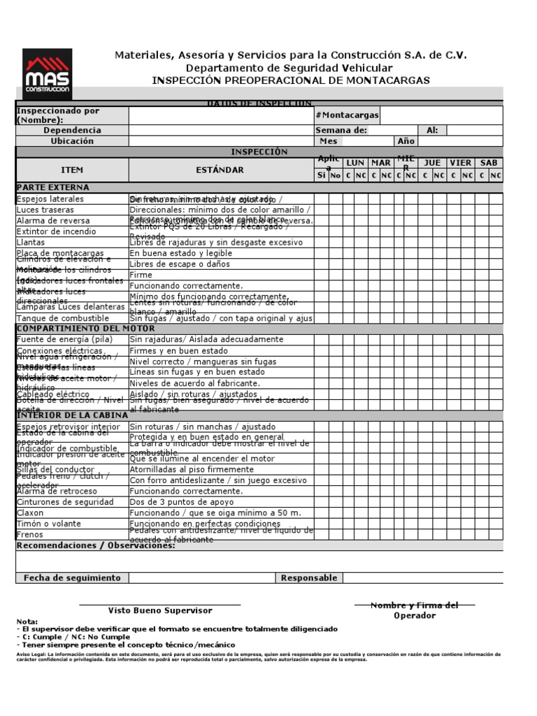 Inspección Preoperacional Montacargas Pdf Máquina Elevadora Vehículos