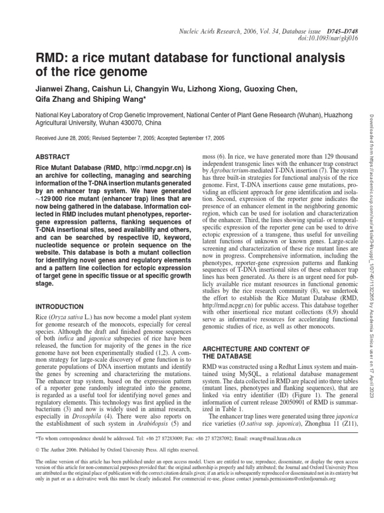 Zhang 2006 RMD Rice Mutant Database | PDF | Gene | Mutation