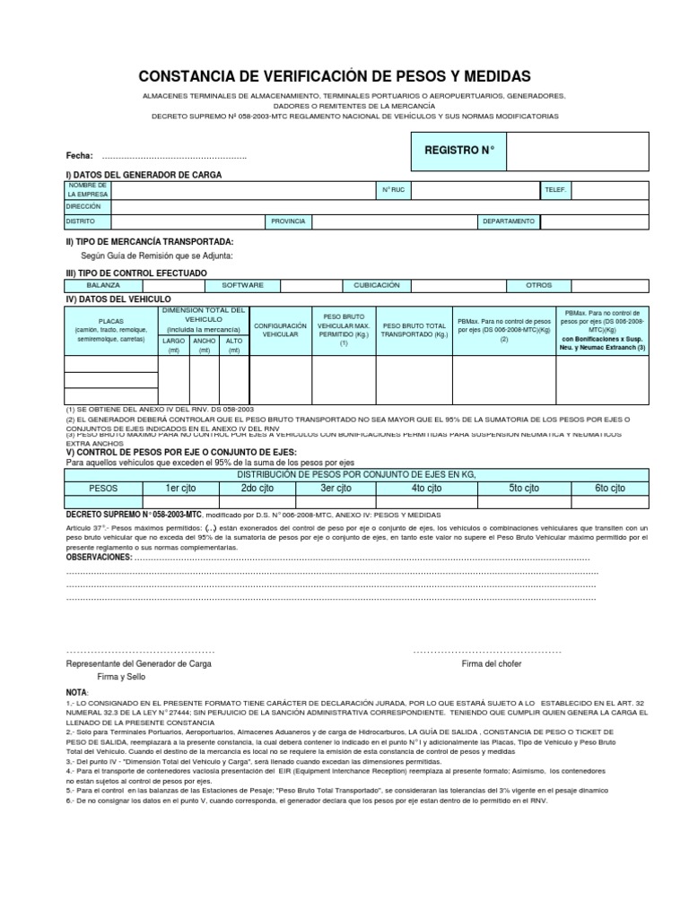 Constancia de Pesos y Medidas Formato | PDF | Vehículo de motor | Vehículos terrestres