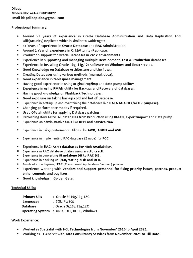 Dileep - DBA&Data Replication Qlik (Attunity) | PDF | Databases | Oracle Database