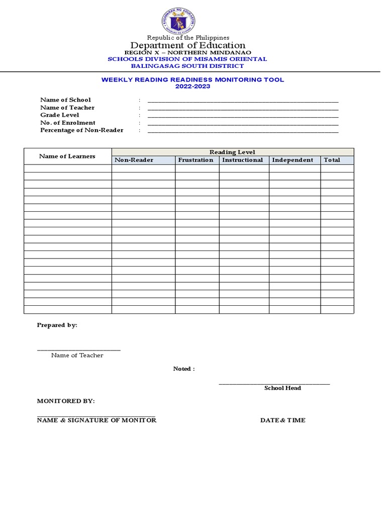 Weekly Reading Readiness Tool 2022-2023 | PDF
