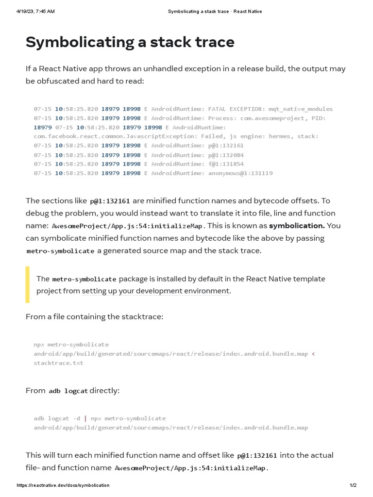 Symbolicating A Stack Trace React Native Pdf Computer Science Computer Programming