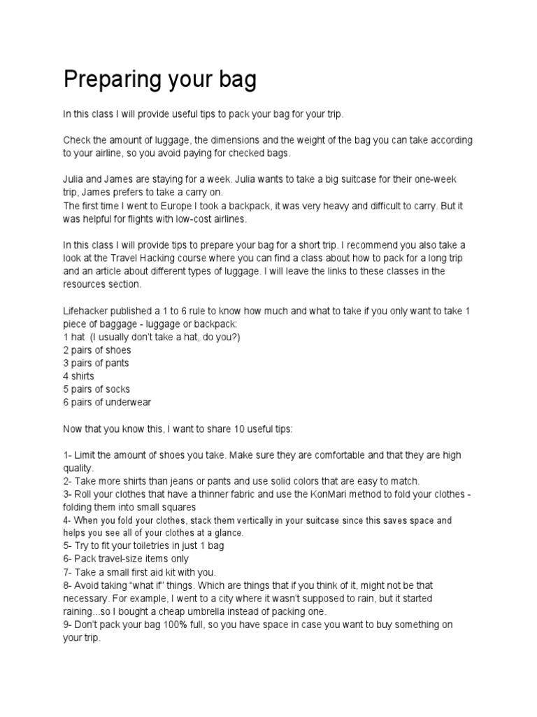 Script Preparing Your Bag | PDF | Baggage | Consumer Goods