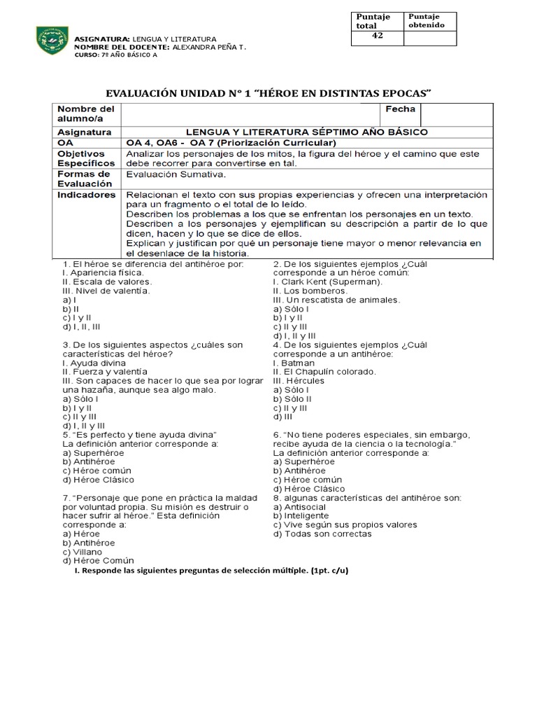 Prueba 7° Heroe | PDF | Héroe