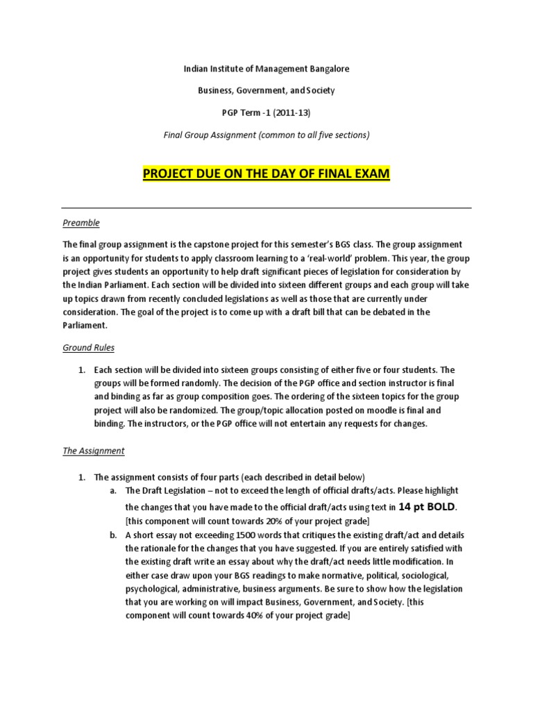Project Due On The Day of Final Exam: Final Group Assignment (Common To ...