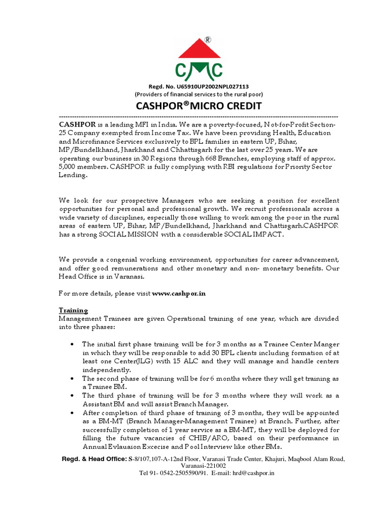 Cashpor Profile | PDF | Employment | Microfinance