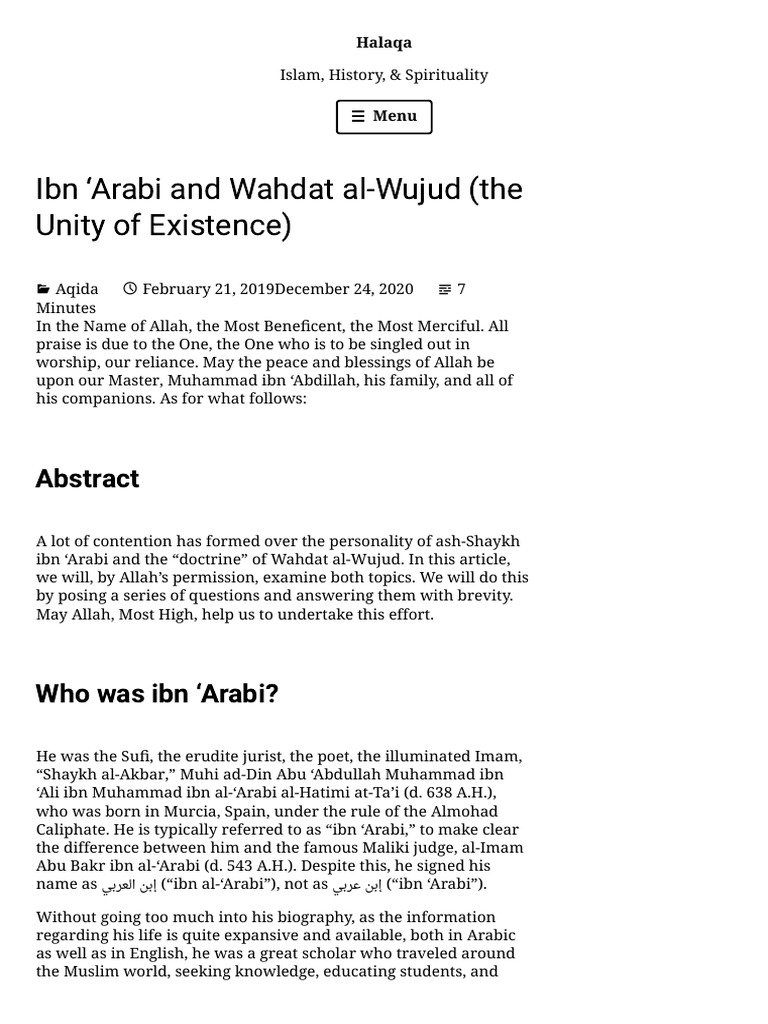 Ibn Arabi and Wahdat Al-Wujud (The Unity of Existence) - Halaqa | PDF ...