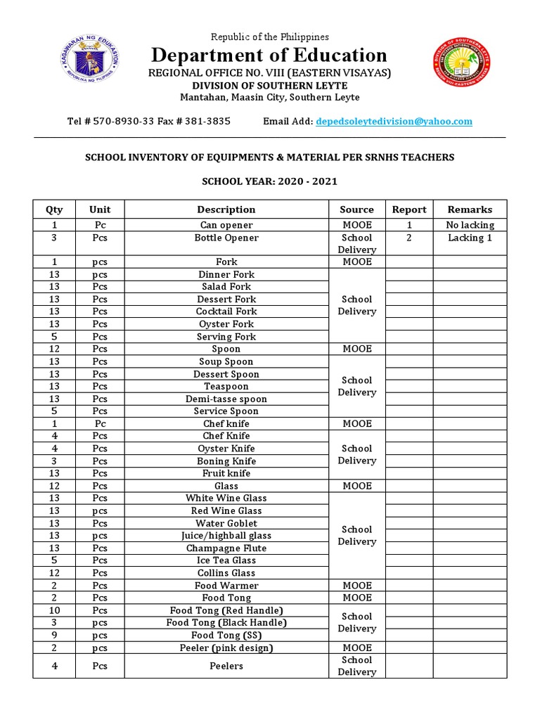 DepEd Southern Leyte Division inventory of kitchen equipment and ...