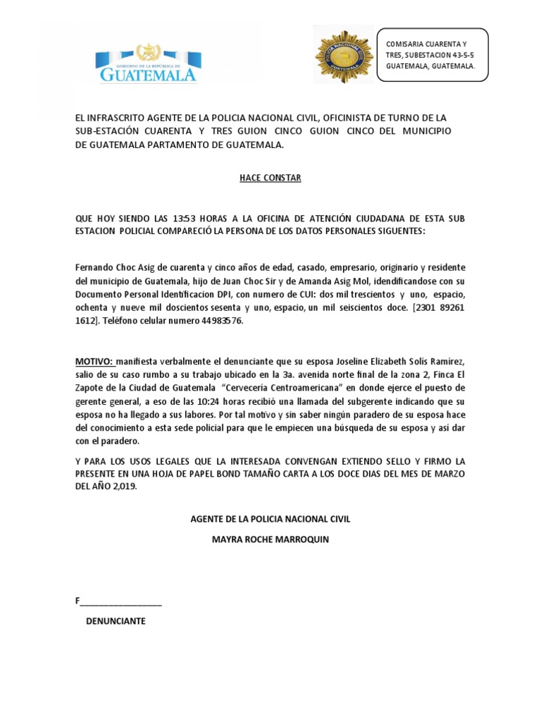 Denuncia PNC 1 | PDF | Guatemala | Crímenes