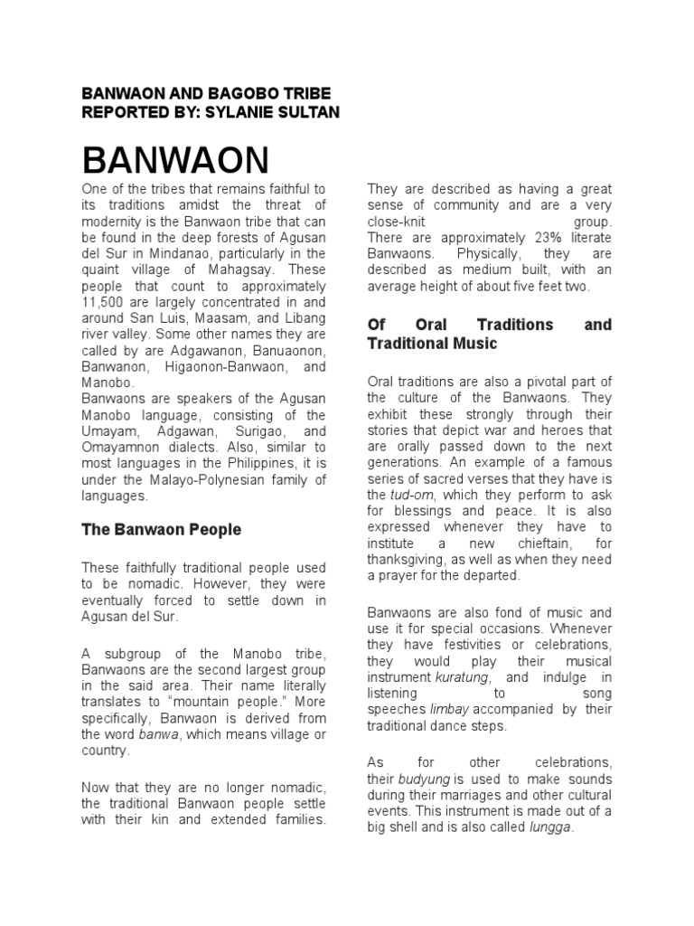Banwaon: Banwaon and Bagobo Tribe Reported By: Sylanie Sultan | PDF ...