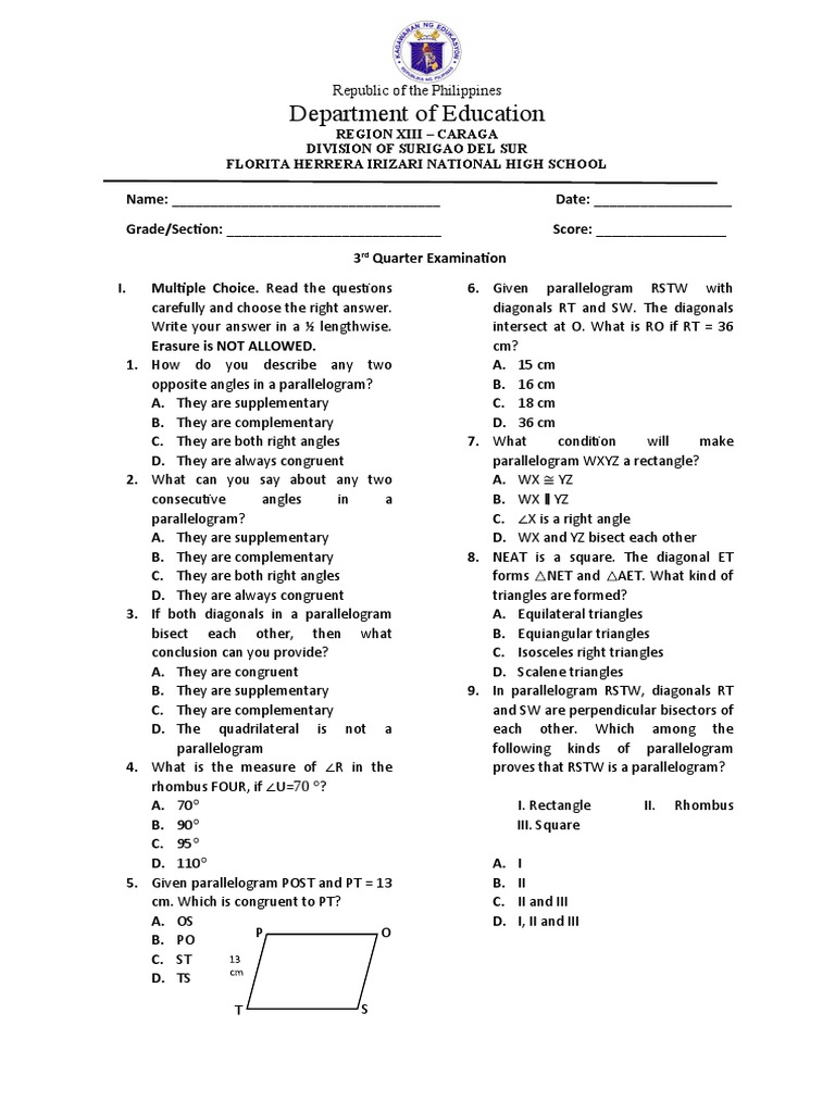 3rd Quarter Exam Grd9 (2022 23) | PDF | Rectangle | Triangle