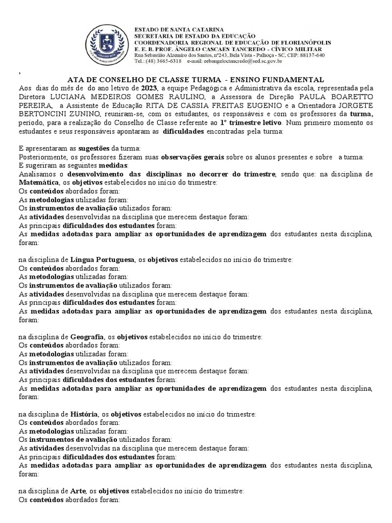 Ata de Conselho de Classe Ensino Fundamental | PDF | Aprendizado | Escolas