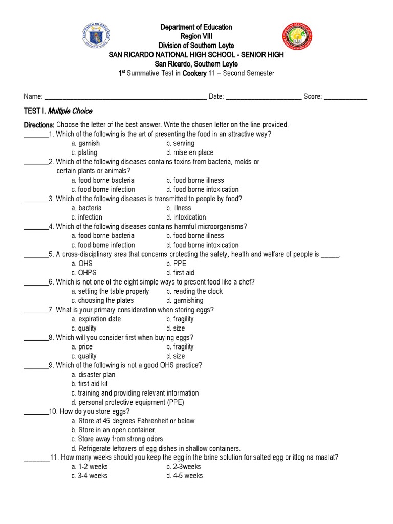 Cookery 11 Summative Test Guide | PDF | Egg As Food | Foodborne Illness