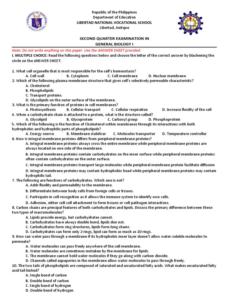 General Biology I Second Quarter Exam | PDF | Cell Membrane | Cell ...