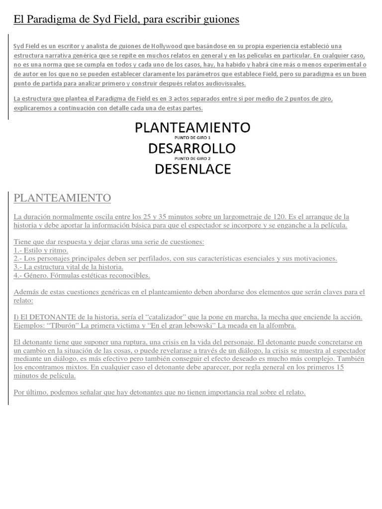 El Paradigma de Syd Field, para Escribir Guiones: Planteamiento | PDF