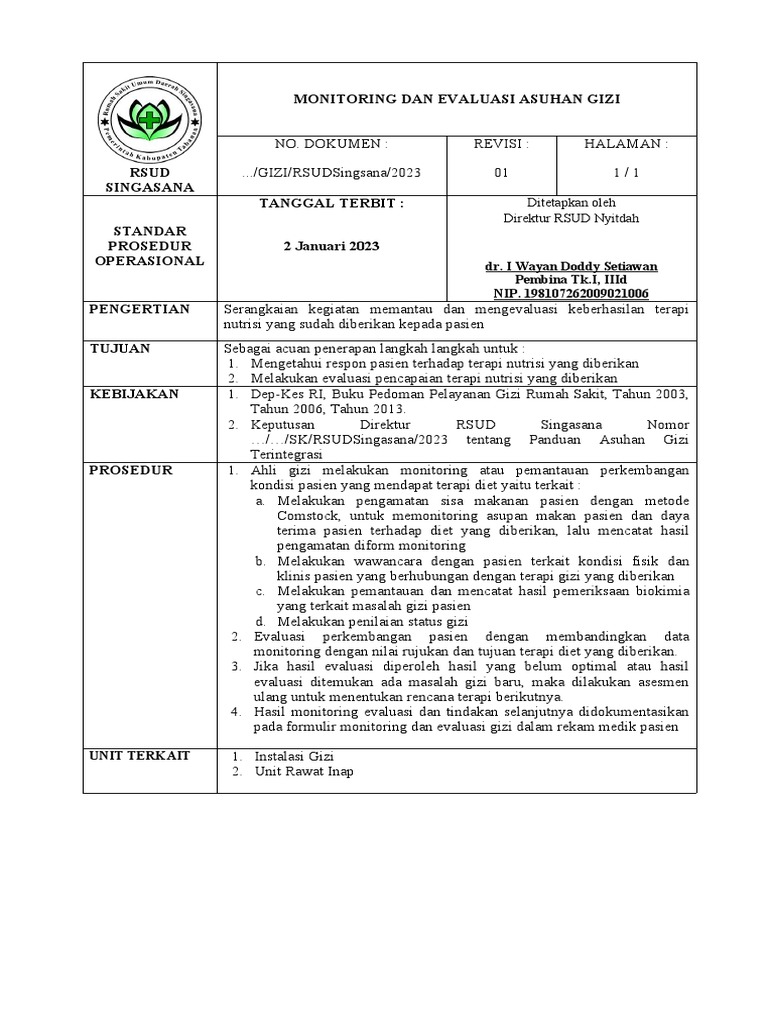 Sop Monitoring Dan Evaluasi Asuhan Gizi | PDF