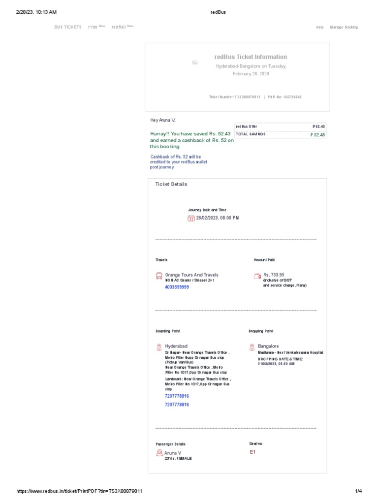 Redbus Ticket | PDF | Bus | Baggage