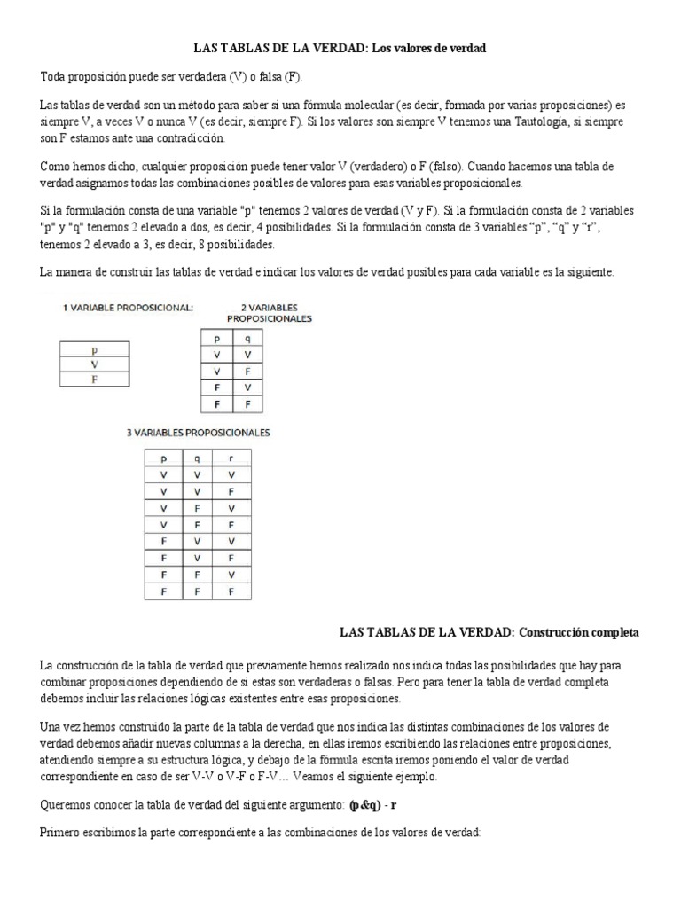 LAS TABLAS DE LA VERDAD: Los Valores de Verdad | PDF