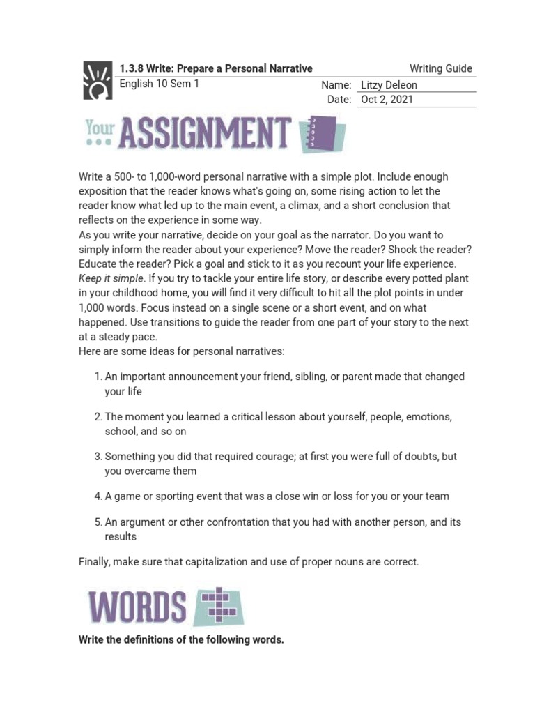 1.3.8 Write - Prepare A Personal Narrative (Writing Guide) | PDF ...