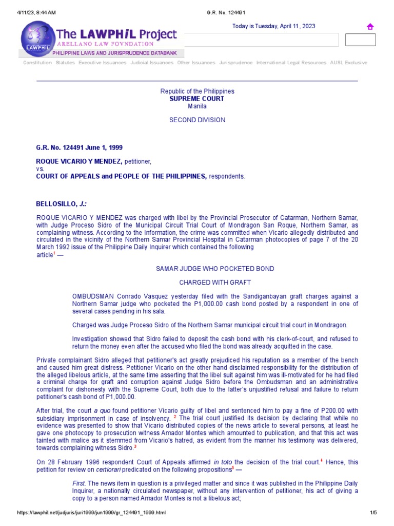 Vicario V CA G.R. No. 124491 | PDF | Defamation | Bail