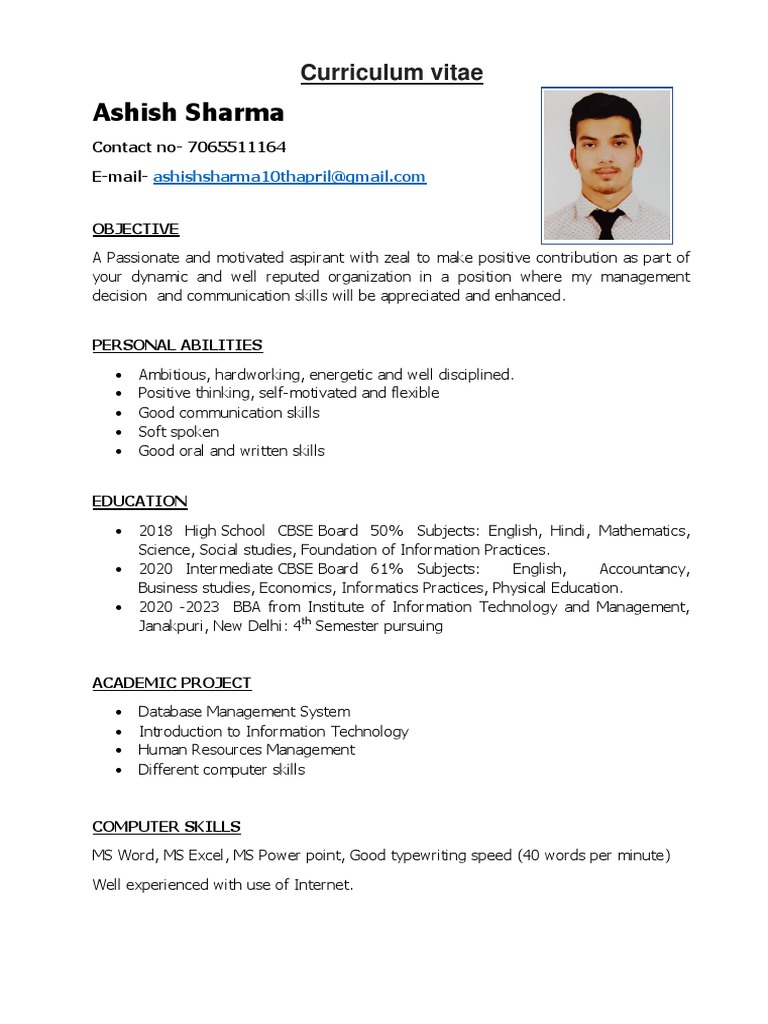 Ashish Sharma BBA Resume with photo | PDF