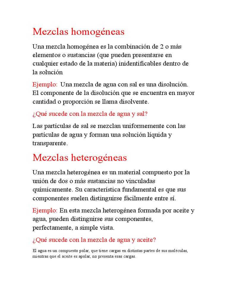Mezclas: Homogéneas vs Heterogéneas | PDF | Cocina, comidas y vino ...