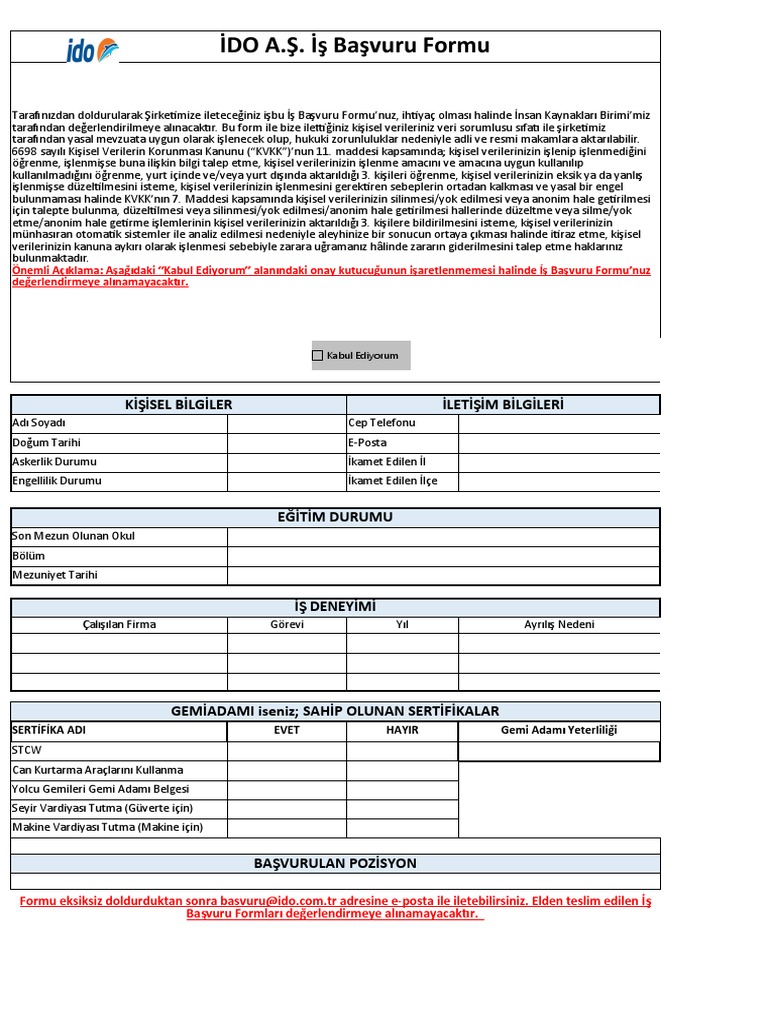 İDO A.Ş. İş Başvuru Formu: Kişisel Bilgiler İletişim Bilgileri | PDF