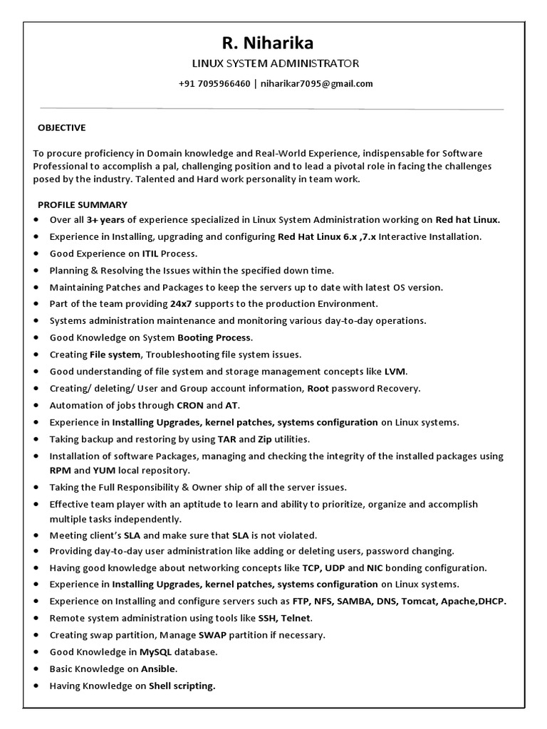 R. Niharika: Linux System Administrator | PDF | Operating System | Linux