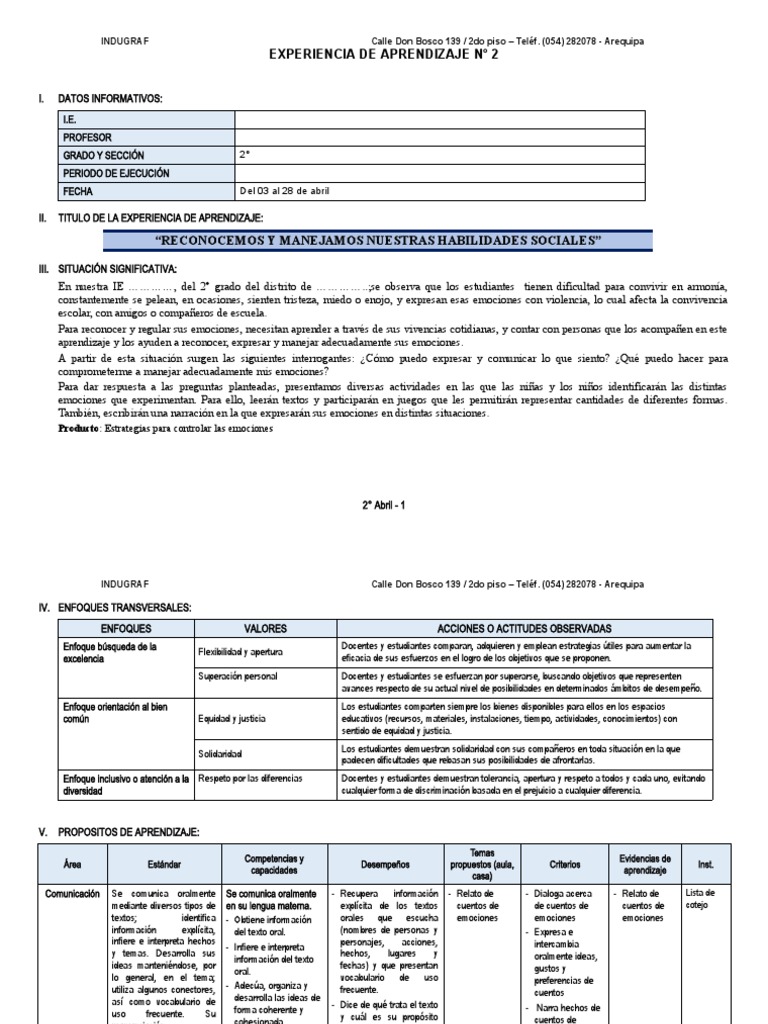 2° Grado - Experiencia de Aprendizaje N°02 | PDF | Aprendizaje | Las emociones