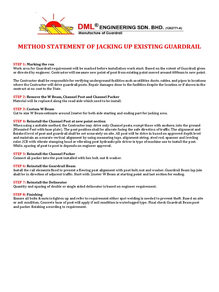 Method Statement of Jacking Up Existing Guardrail | PDF