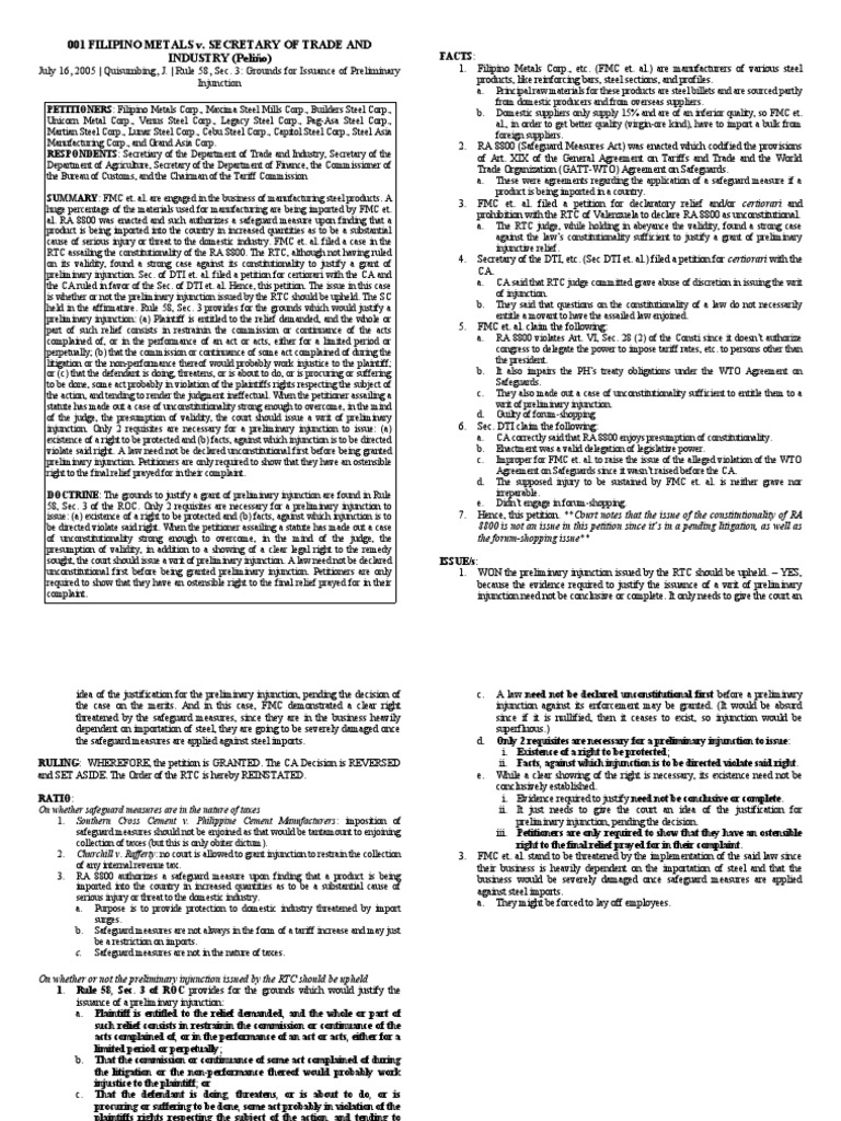 Filipino Metals v. Secretary of Trade and Industry | PDF | Injunction ...