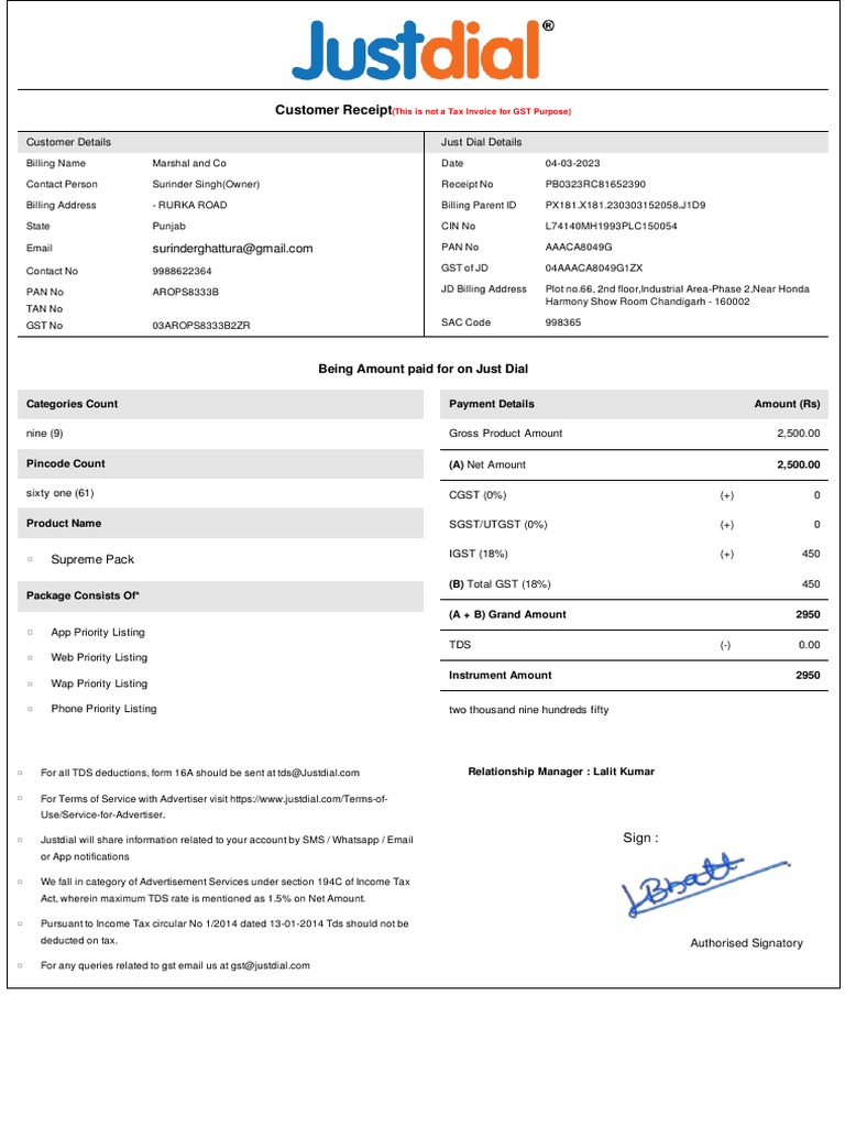 Customer Receipt for Supreme Pack Listing Service from Just Dial | PDF ...
