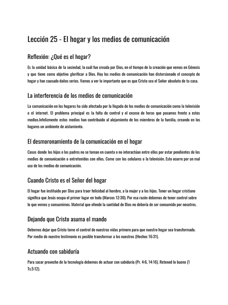 Lección 25 - El Hogar y Los Medios de Comunicación | PDF
