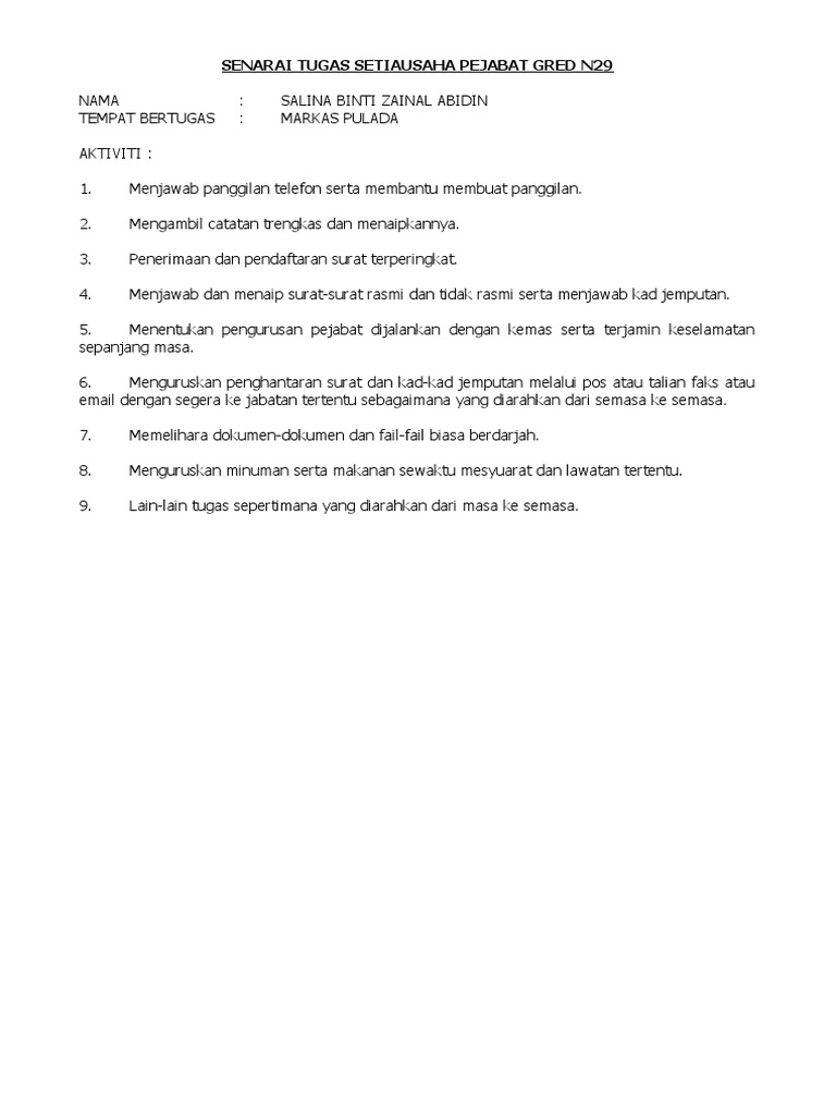 Senarai Tugas Setiausaha Pejabat Gred N29 | PDF
