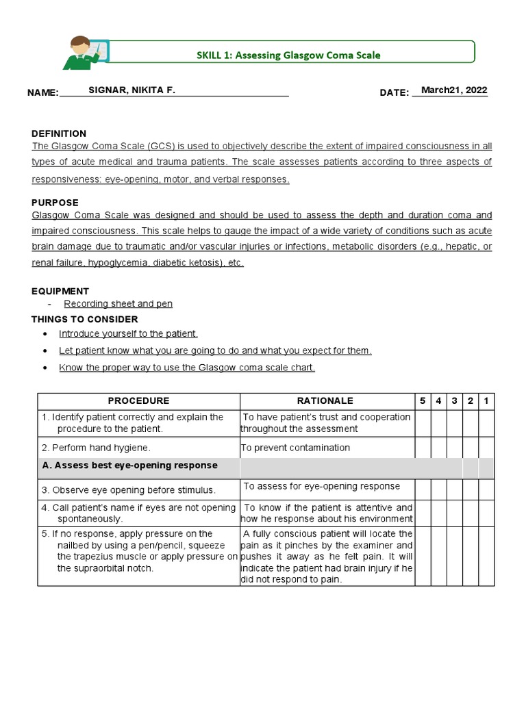 NSG126_4_G_Skills_1&2_Checklists_SIGNAR, NF. | PDF | Coma | Neuroscience