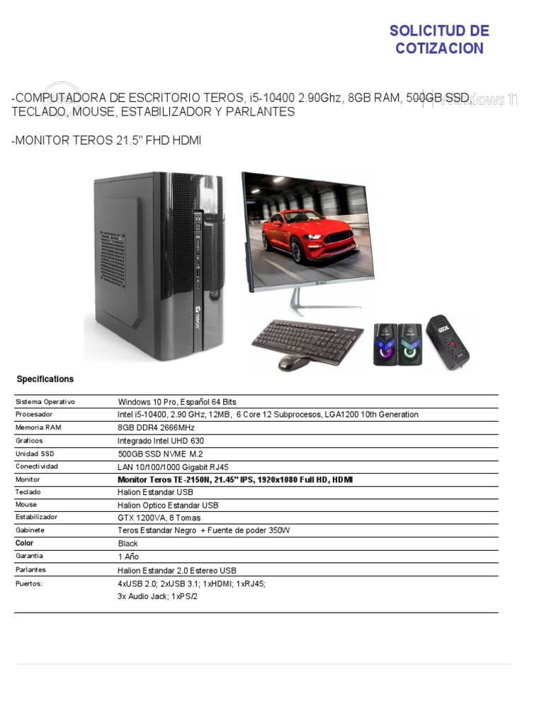 PC Teros I5-10400, 8G, 500G, 21.5 | PDF