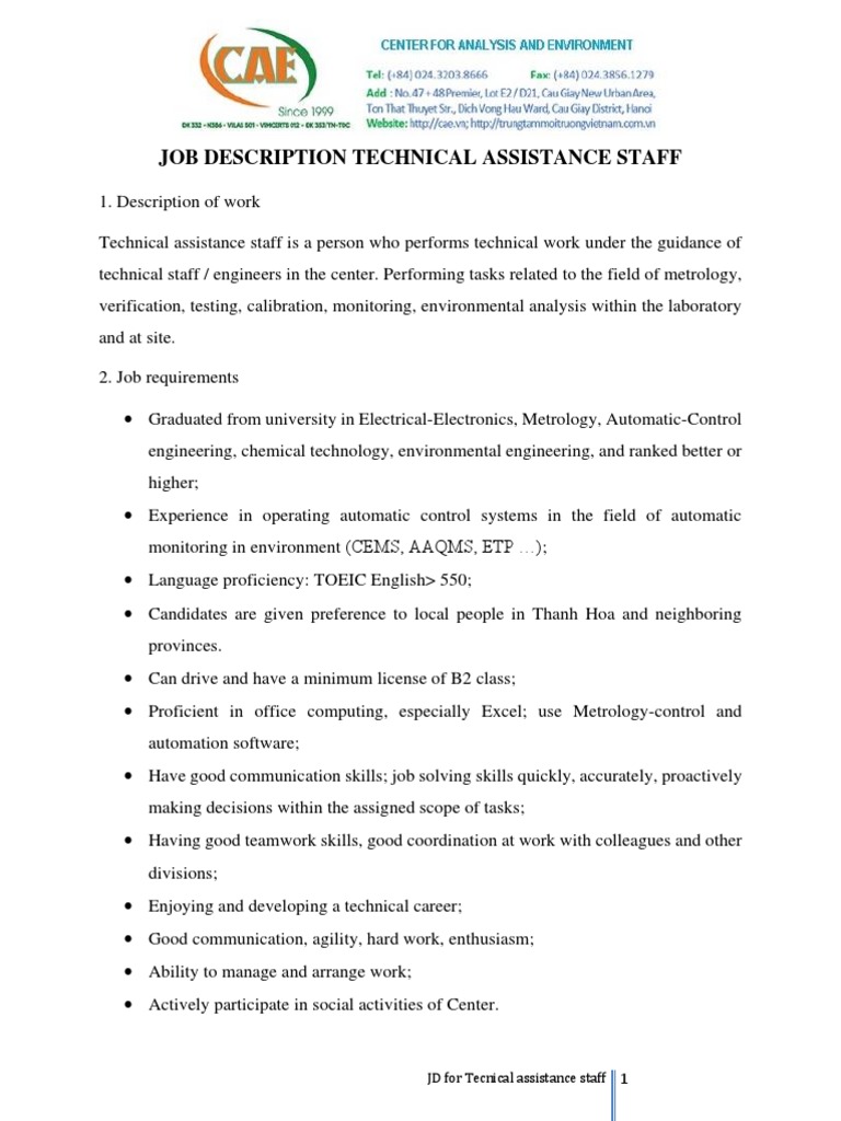 JD For Technical Assistance Staff - Eng | PDF | Automation | Salary JD For Technical Assistance Staff - Eng | PDF | Automation | Salary