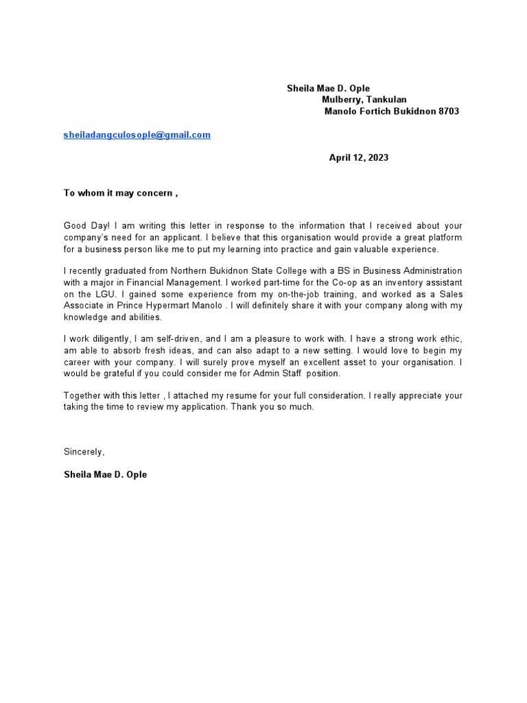 Letter of Application | PDF | Wellness