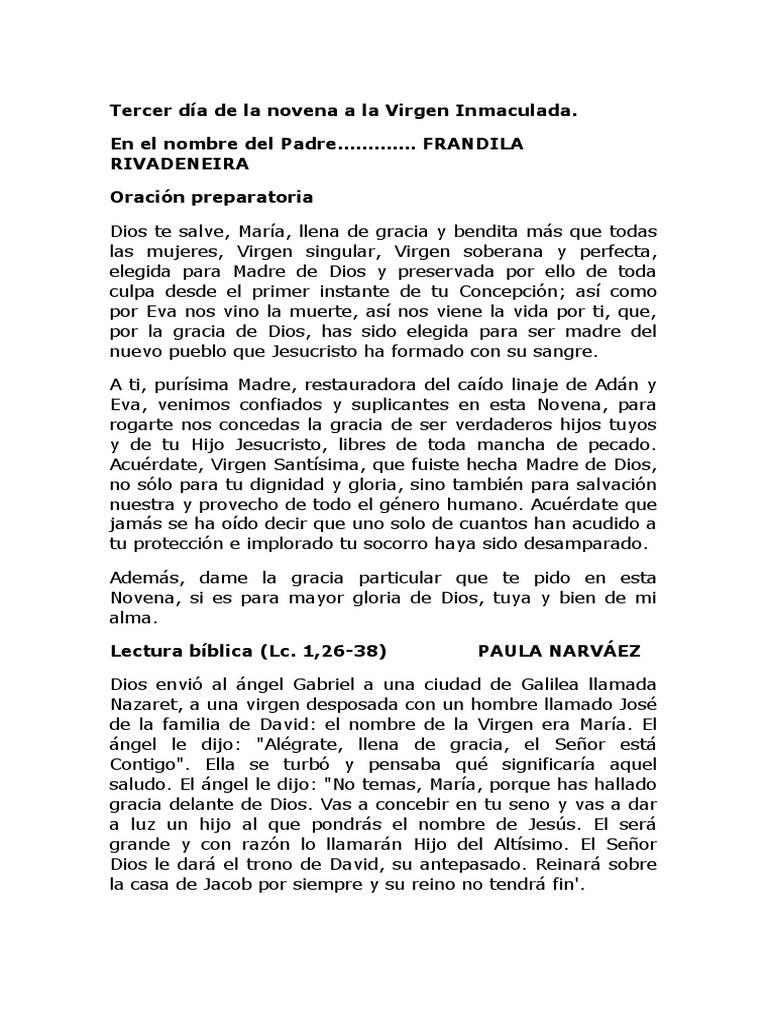 Tercer Día de La Novena A La Virgen Inmaculada | PDF | María, madre de Jesús | Pecado