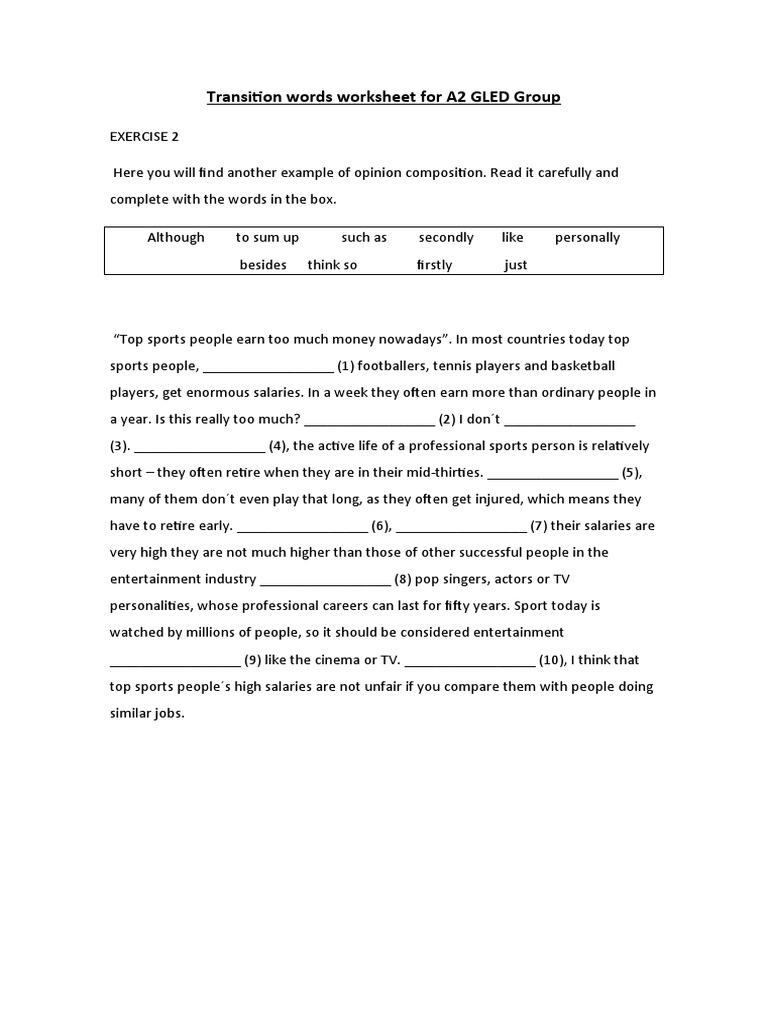 Transition Words Exercise 2 For A2 Gled Group | PDF | Games & Activities