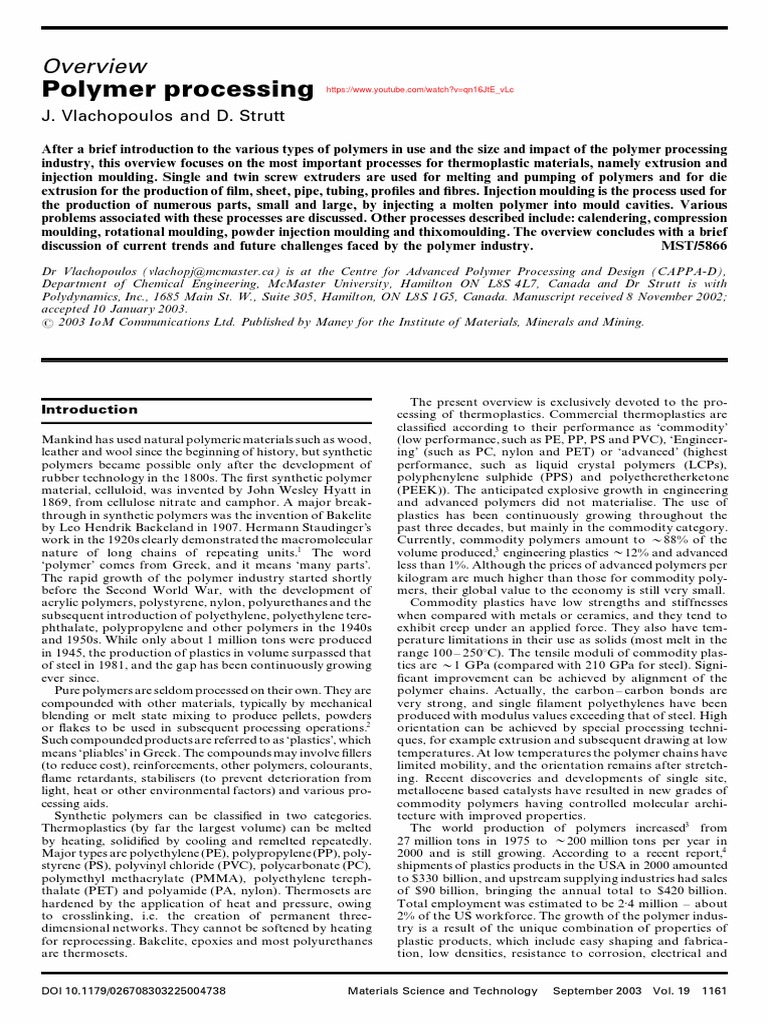Overview Polymer Processing | PDF | Extrusion | Polymers