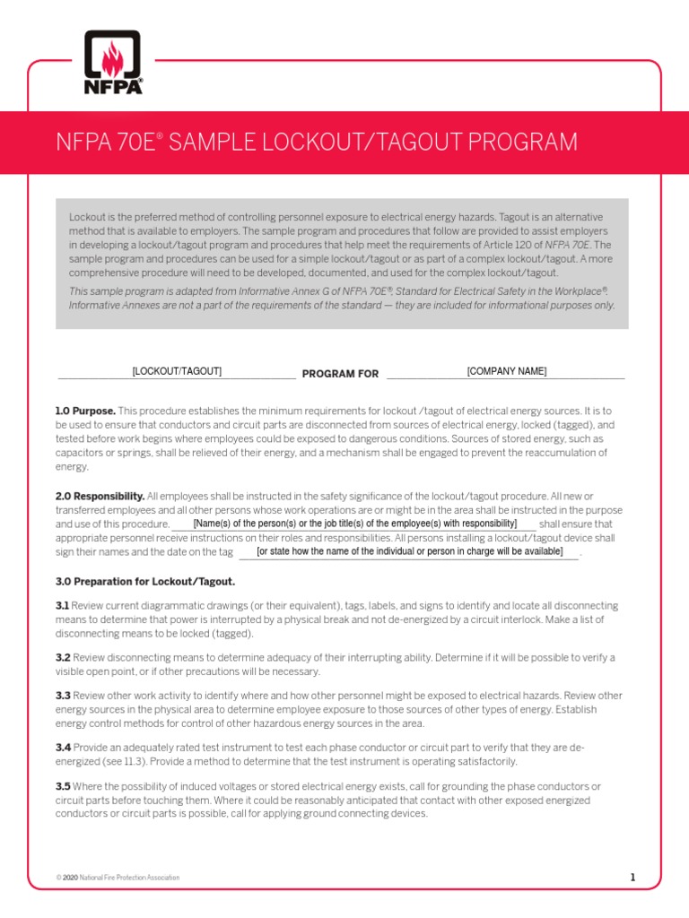 NFPA 70E Sample Lockout-Tagout Program | PDF | Occupational Safety And Health | Electricity