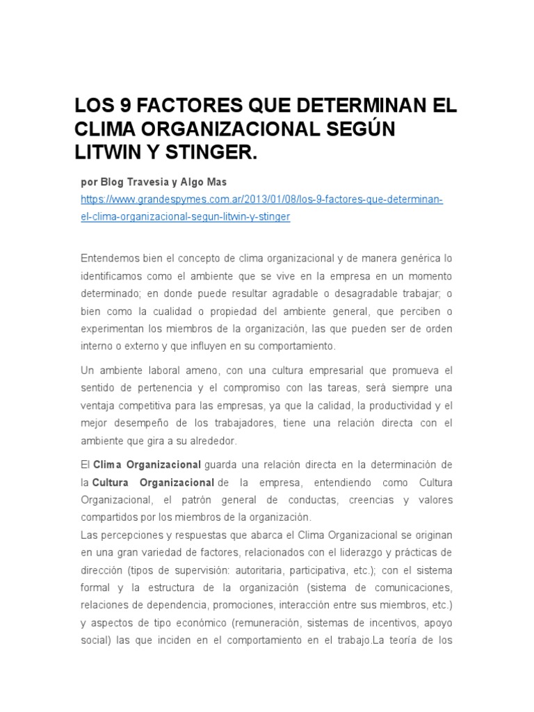 9 Factores del Clima Organizacional según Litwin y Stinger | PDF ...