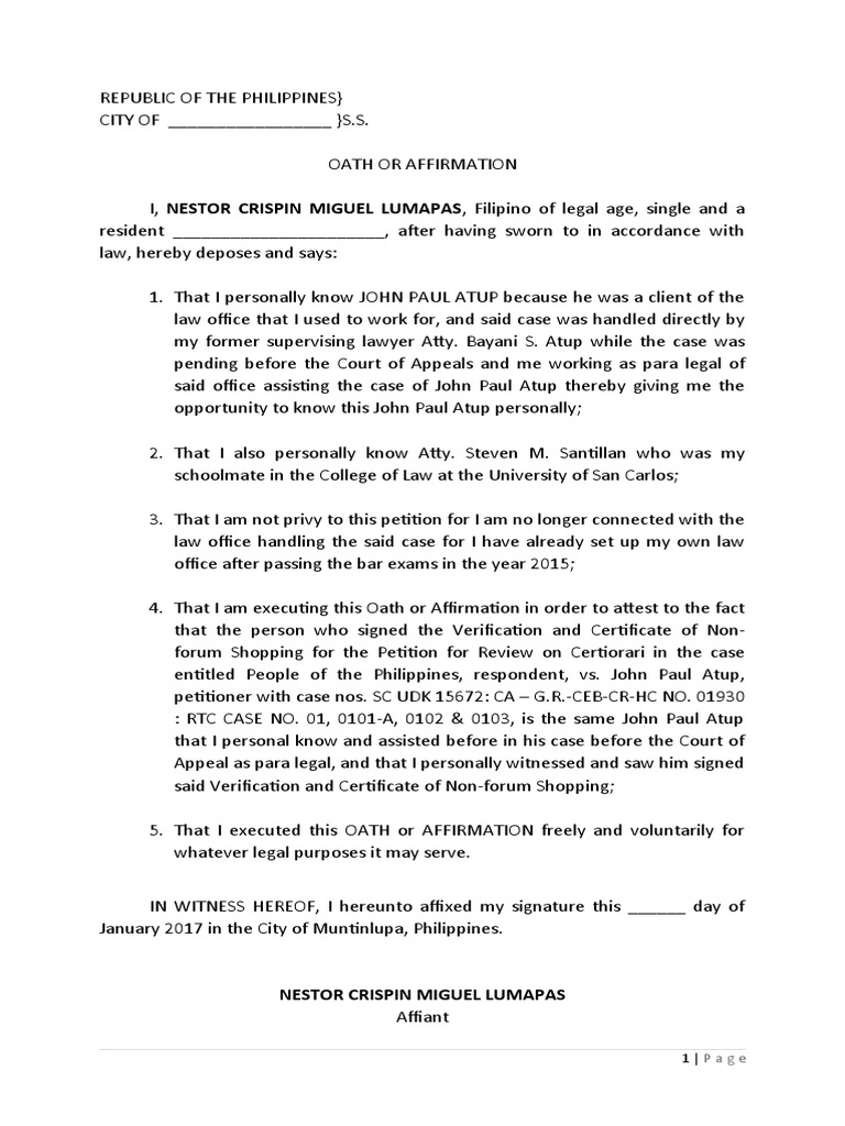 Oath or Affirmation | PDF | Affidavit | Lawsuit