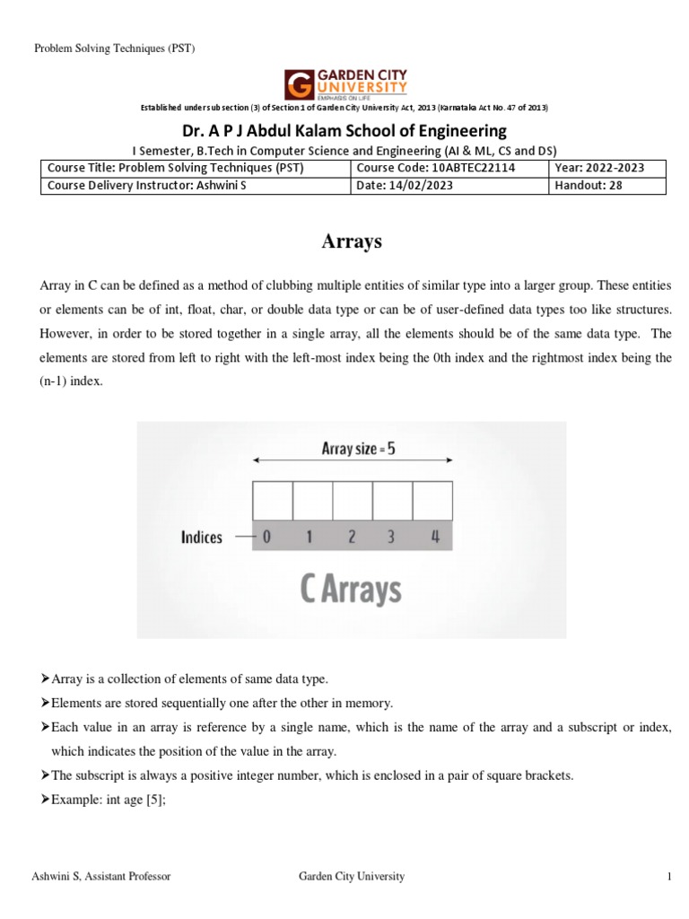 Arrays: Dr. A P J Abdul Kalam School of Engineering | PDF | Pointer (Computer Programming ...