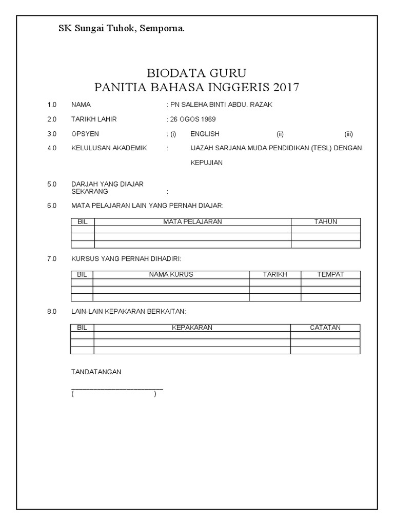 45907862-Contoh-Borang-Biodata-Guru-Untuk-Fail-Panitia | PDF