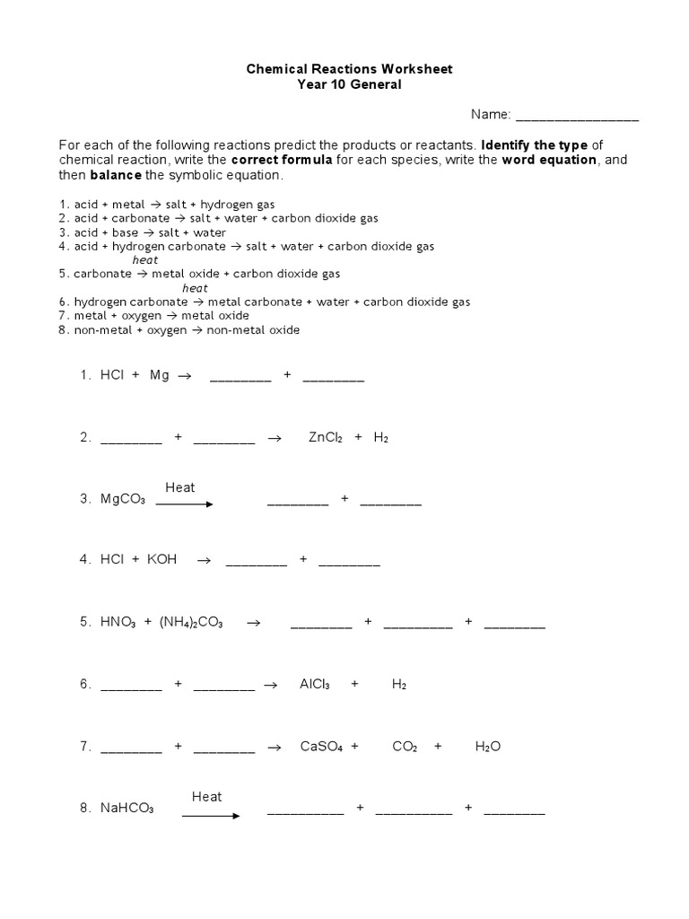 Chemical Reactions Worksheet | PDF